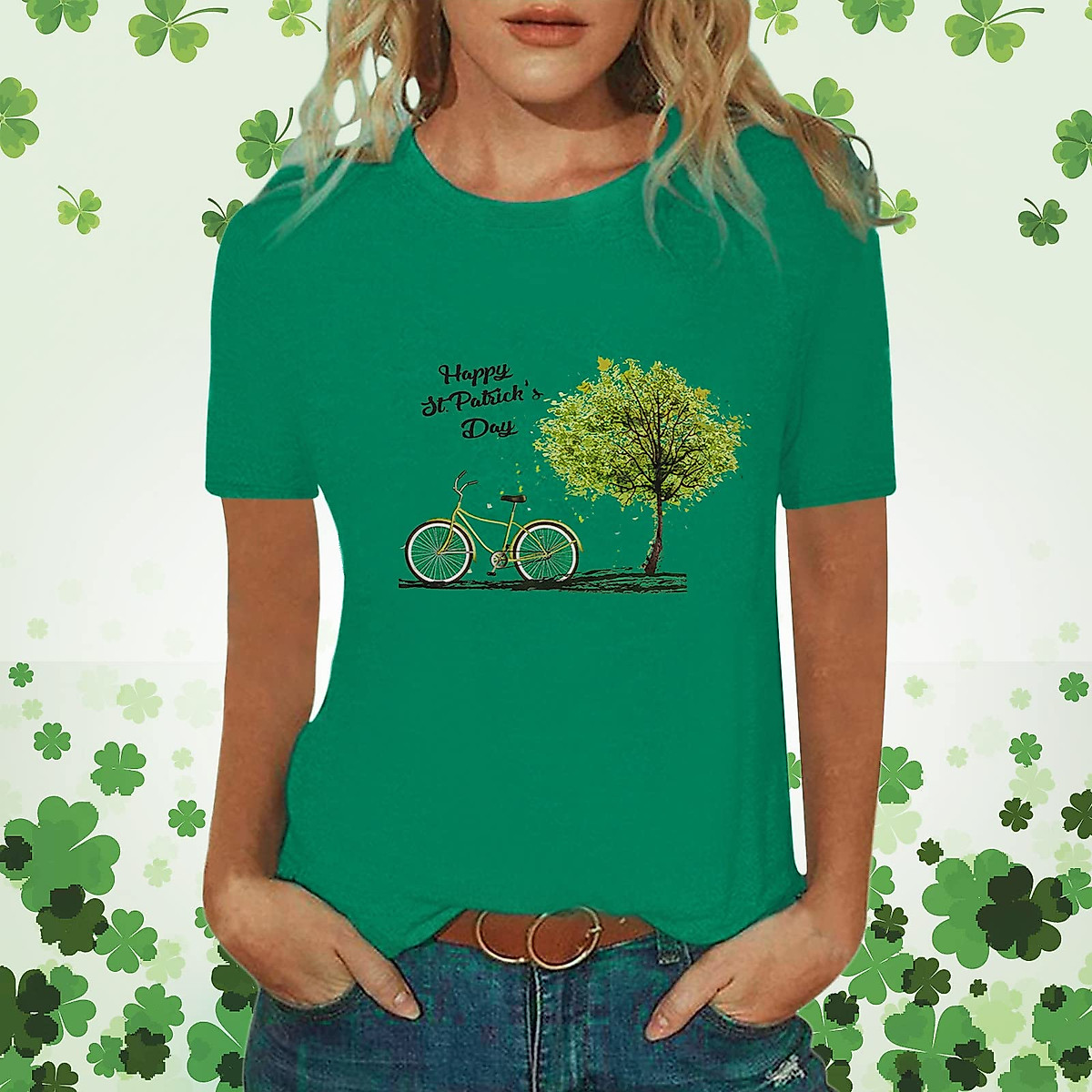 Women Green Graphic Tees Short Sleeve Novelty Leaves Shirt Tops Round Neck Loose Plus Size Summer Blouse