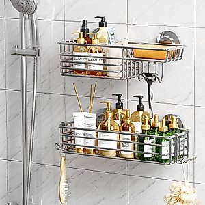 TAILI Shower Caddy Suction Cup 2 Pack with Hooks & Soap holder, Heavy Duty Shower Organizer for Bathroom, No Drilling Black Shower Shelves for Inside Shower, Silver Metal Shower Holder