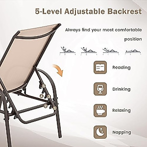 Giantex Set of 2 Adjustable Patio Chaise Lounge, Outdoor Folding Lounge Recliner Chairs w/Adjustable Backrest, Sturdy Metal Frame, Sunbathing Chair for Beach, Yard, Balcony, Poolside(Brown)