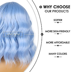 LANCAINI Short Bob Wigs with Bangs for Women Loose Wavy Wig Curly Wavy Shoulder Length Bob Synthetic Cosplay Wig for Girl Colorful Costume Wigs (Light Blue)