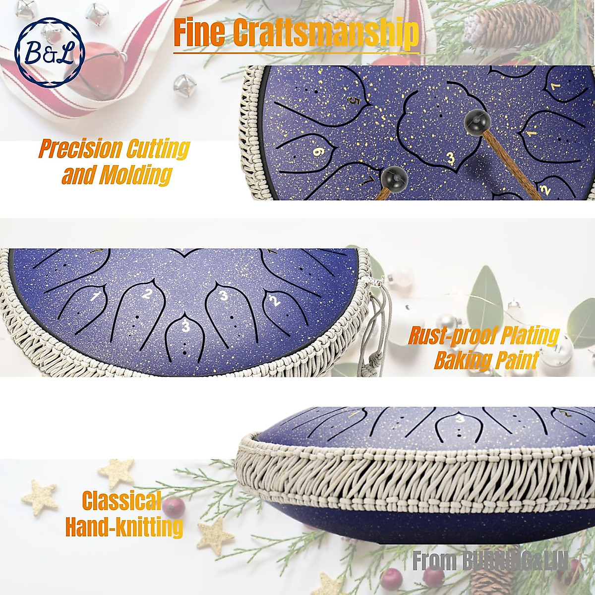 BURNING&LIN Steel Tongue Drum Tongue Drum 15 Notes 14 Inches Handpan Drum Percussion for Meditation Yoga Musical Education for Adult& Kids(Lotus Purple)