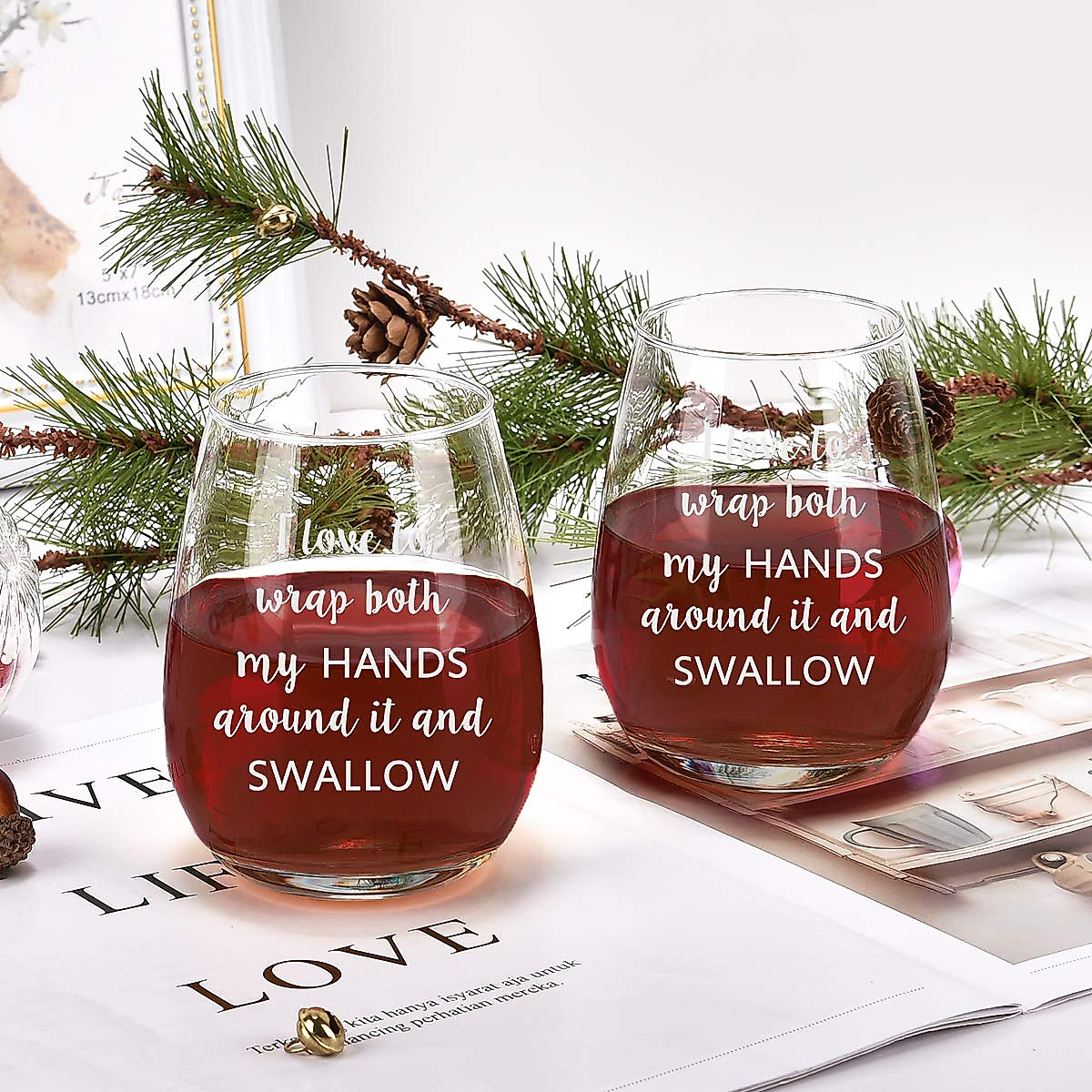 I Love to Wrap Both My Hands Around It and Swallow Stemless Wine Glass, Birthday Gifts for Friend BFF Wife Girlfriend Her Bachelorette Party, 15 Oz, Set of 2