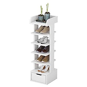 Mepplzian 6-Tier Vertical Shoe Rack, 11” Wooden Shoe Storage Stand with Drawer, Modern Shoe Rack Organizer, Free Standing Shoe Rack Cabinet for Closets Entryway & Small Space, White