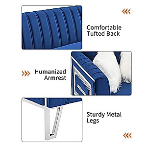 CALABASH 3-Seater Sofa with Mirrored Side Trim with Faux Diamonds and Metal Legs, Channel Tufted Velvet Couch with 2 Pillows (Blue, 3 Seater Sofa)