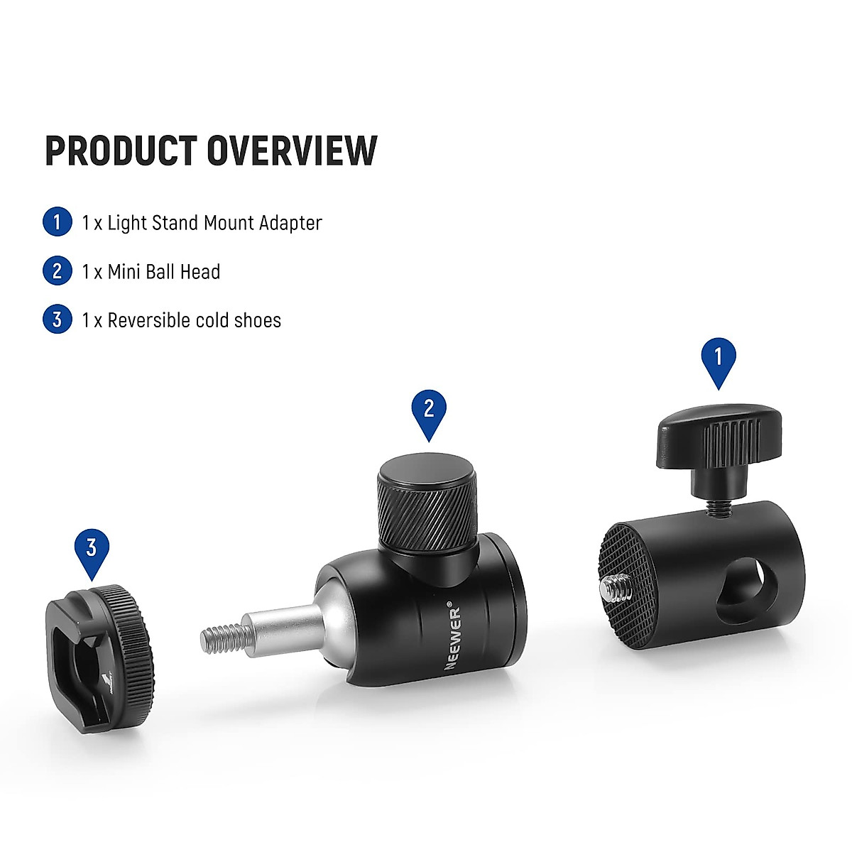 NEEWER Light Stand Mount Adapter with Cold Shoe and 1/4” Screw Mini Ball Head, Reversible Mounting Plate for Camera Monitor Ring Light, Fits Flat Head Light Stand/Boom arm/C Stand, Max. Load 22lb/10kg