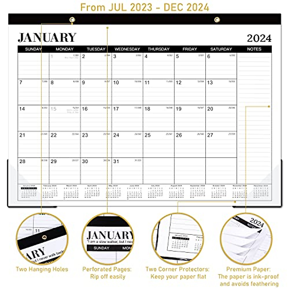 Desk Calendar 2023-2024 - 2023-2024 Desk Calendar, July 2023 - December 2024, 18 Monthly Desk/Wall Calendar 2-in-1,16.8" x 12", Thick Paper with Corner Protectors, Large Ruled Blocks - Classic Black
