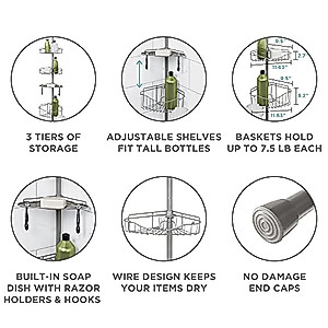 Zenna Home Tension Pole Shower Caddy, 3 Basket Shelves with Soap Tray, Adjustable, 60 to 97 Inch, Satin Nickel