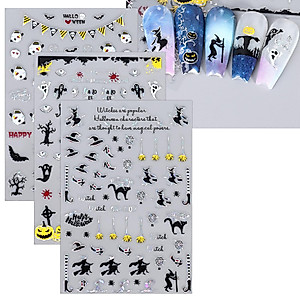 JMEOWIO 12 Sheets Halloween Nail Art Stickers Decals Self-Adhesive Pegatinas Uñas Skull Ghost Witchy Spider Web Bat Pumpkin Spook Nail Supplies Nail Art Design Decoration Accessories