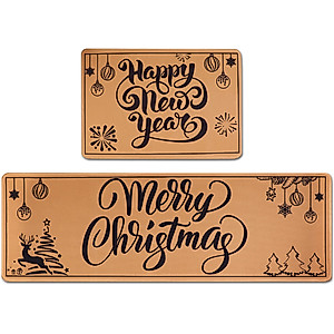 chiazllta Merry Christmas Kitchen Rugs Set of 2, Xmas Tree Reindeer Floor Rugs and Mats Happy New Year Christmas Decorations for Home Kitchen,15.7 x 23.6 and 15.7 x 47 inch
