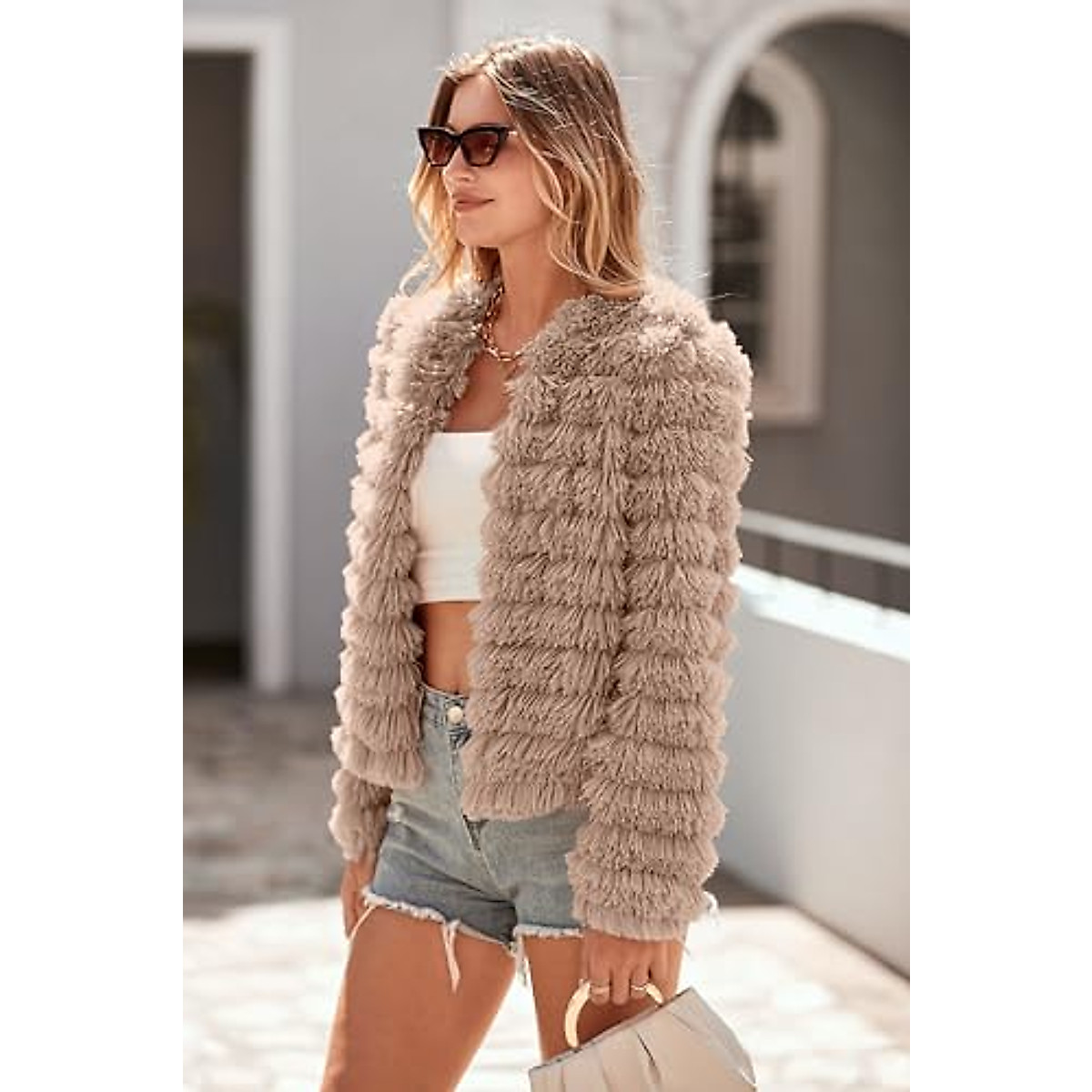 PRETTYGARDEN Womens Winter Coats Fashion Faux Fur Long Sleeve Fleece Shaggy Lightweight Fall Cropped Jacket Outerwear (Dark Khaki,Medium)