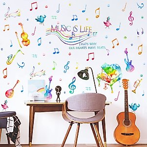 Yovkky Watercolor Music is Life Wall Decal Sticker, Peel Stick Musical Instrument Note Polka Dot Nursery Classroom Decor, Home Studio Piano Guitar Violin Saxophone Decoration Kid Bedroom Playroom Art