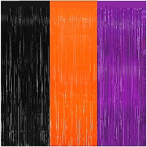 3 Pack Halloween Black Orange Tinsel Foil Fringe Curtain 8x9.84 Ft Backdrop Curtain Black and Orange Streamers for Home Outdoor Halloween Party Photo Booth Props Decorations