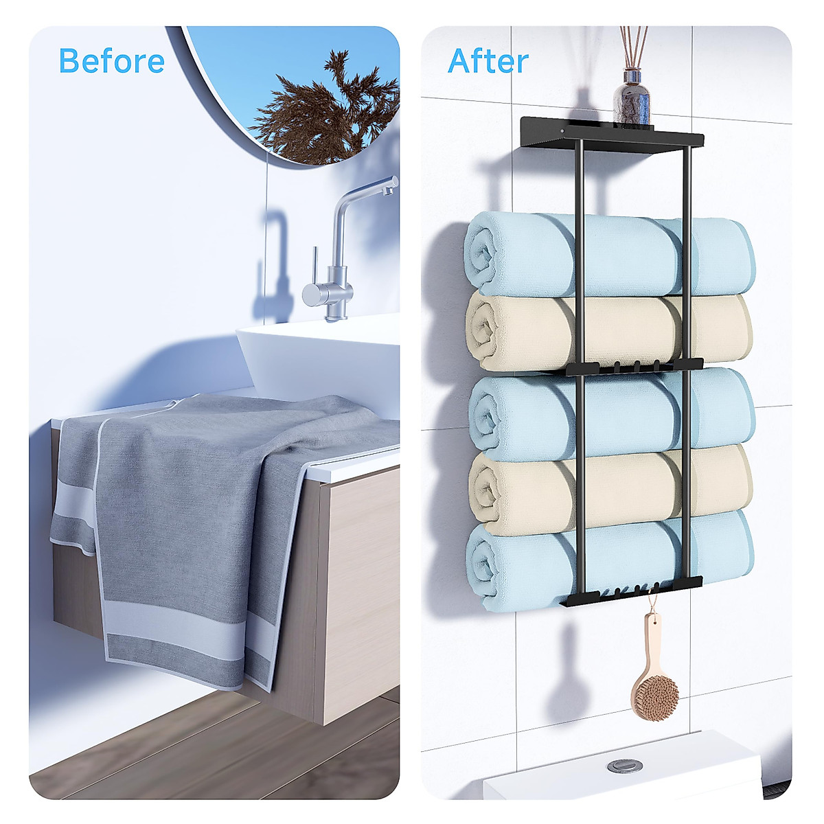 RRM Towel Racks for Bathroom, 3 Tier Wall Towel Holder, Metal Wall Towel Rack Mounted Towel Storage Towel Storage with 3 Tier Metal Shelf and 6 Hooks for Small Bathroom (Matte Black)