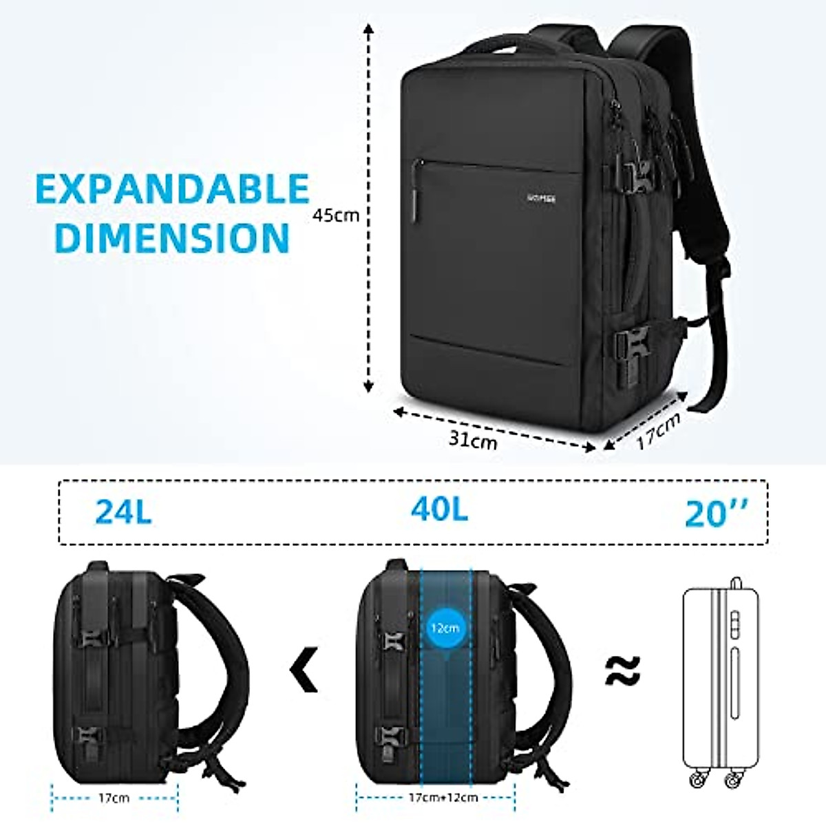 HOMIEE Travel Laptop Backpack TSA Friendly Flight Approved Carry-on Bags with USB Charging Port, 40L Expandable Luggage Daypack Large Suitcase Durable Weekender Bag, Black