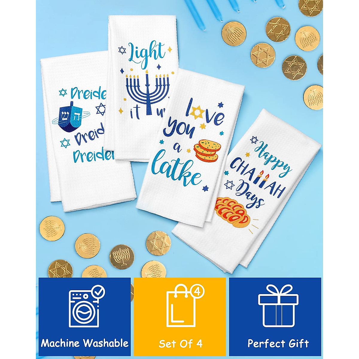 Vansolinne Hanukkah Kitchen Towels Chanukah Dish Towels Decorative Waffle Tea Towels Set of 4 - Fun Hostess Kitchen Decor Hanukkah Decorations, Housewarming Presents