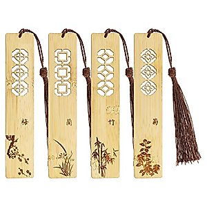 4PCS Chinese Style Retro Rectangular Bookmarks with Tassels Plum Blossom Orchid Bamboo Chrysanthemum Wooden Bookmakers Vintage Reading Page Markers for Readers