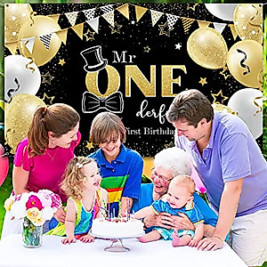 Boys 1st Birthday Decoration Mr. Onederful Birthday Party Supplies 1st Happy Birthday Backdrop Photography Background with Balloons for Baby Toddler Little Man First Birthday Decor (Black and Gold)