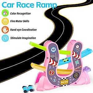 Toys Car Ramp Racer Toy Vehicle Track Set for Toddler 1 2 3 Year Old Boys Girls Gifts,Garage Playset with 4 Mini Racers & Building Parking Lot, Pink