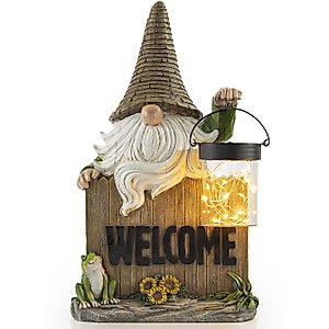 VP Home Welcome Gnome with Lantern and Frog Solar Powered LED Outdoor Decor Garden Light Welcome Gnomes Statues Outdoor Funny Figurine Decor for Outside Patio, Yard, Lawn