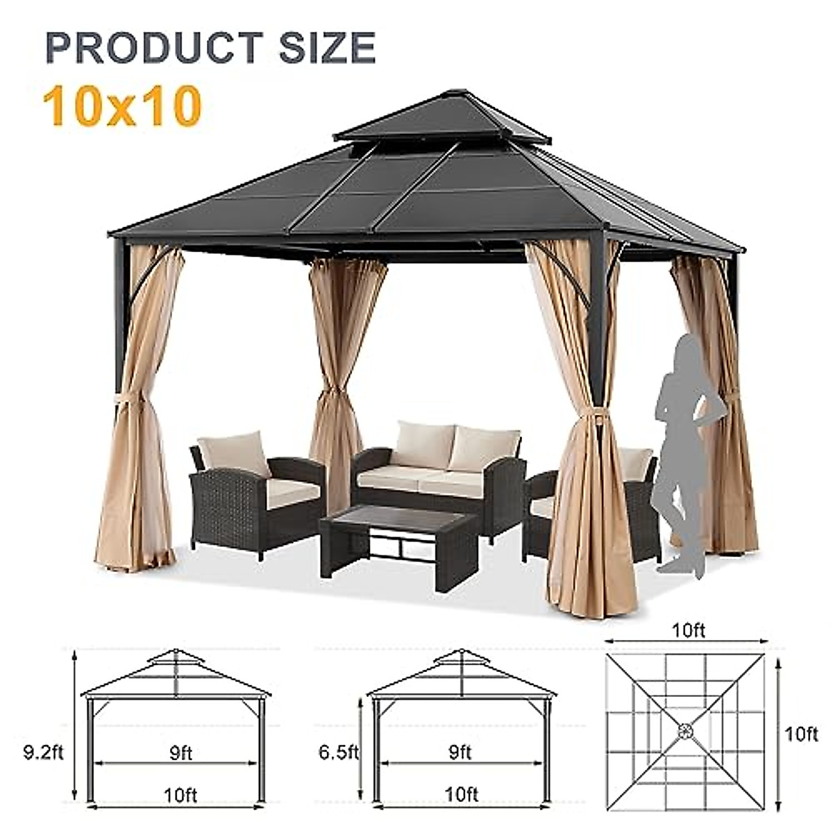 ABCPATIO 10x10 Hardtop Gazebo - Outdoor Polycarbonate Double Roof Gazebo Canopy, Metal Frame Permanent Pavilion with Curtains and Netting for Patio, Garden, Patio, Lawns (Beige)