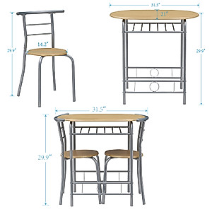 VECELO 3-Piece Bar Table Set, Round Tabletop & Chair for Kitchen Dining Room Breakfast, Built-in Wine Rack, Space Saving, 31.5" Length X 21" Width, Silver and Natural