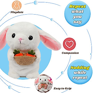 Hopearl Talking Bunny Repeats What You Say Rabbit with Carrots Nodding Electric Interactive Animated Toy Speaking Plush Buddy Gifts for Toddlers, White, 7''