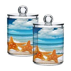 ALAZA 2pcs Summer Sea Beach Starfish Funny Qtip Holder Dispenser 14 oz Bathroom Storage Clear Apothecary Jars Containers Cotton Ball,Cotton Rounds,Floss Picks, Hair Clips, Food
