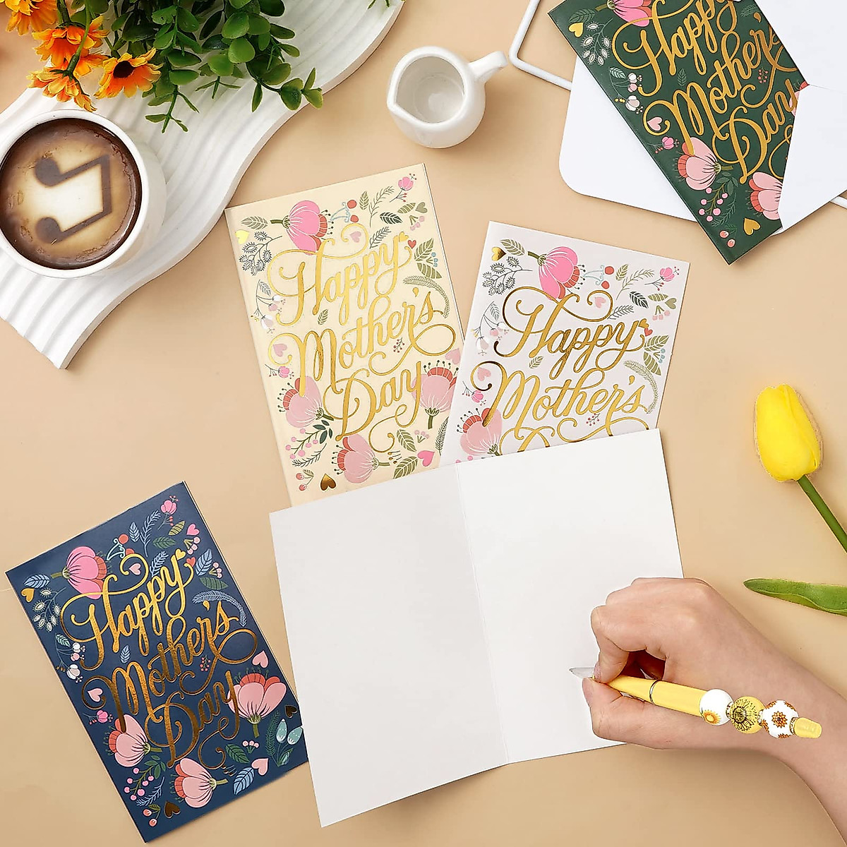 AnyDesign Greeting Card, 16 Pack Foil Gold Mother's Day Card with Stickers & Envelopes, Floral Blank Note Cards Assortment for Birthday Celebration, 4 x 6 Inch