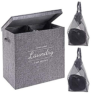 YOUDENOVA Double Laundry Hamper with Lid, Divided Dirty Clothes Basket with 2 Removable Liner Bag, Dual Hampers for Laundry Sorter 2 Section, Grey