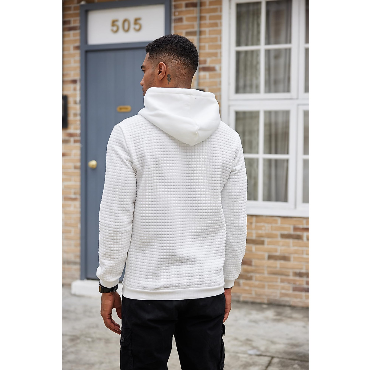 COOFANDY Mens Long Sleeve Drawstring Plaid Jacquard Hooded Sweatshirt, White, Large