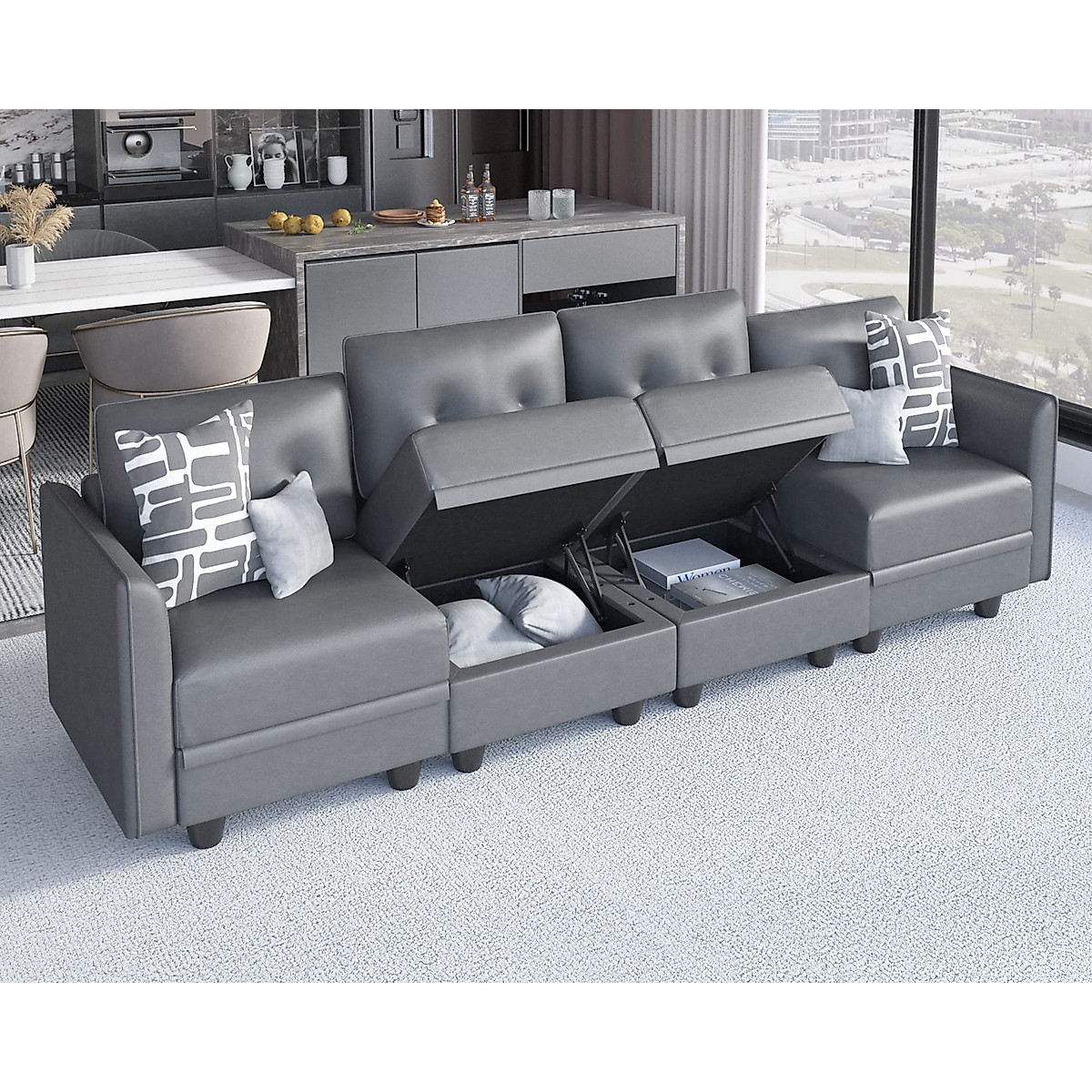 LLappuil Modular Sofa Faux Leather Fabric 102" Sectional Couch 4 Seater with Storage Seat, Modern Sectional Sofa for Living Room, Office, Dark Grey