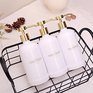 Janxin Shampoo and Conditioner Dispenser Set of 3,Refillable 21oz Shampoo Bottles with Non-Slip Protective Silicone Pad,Shower Soap Dispenser with Waterproof Labels for Bathroom (White)