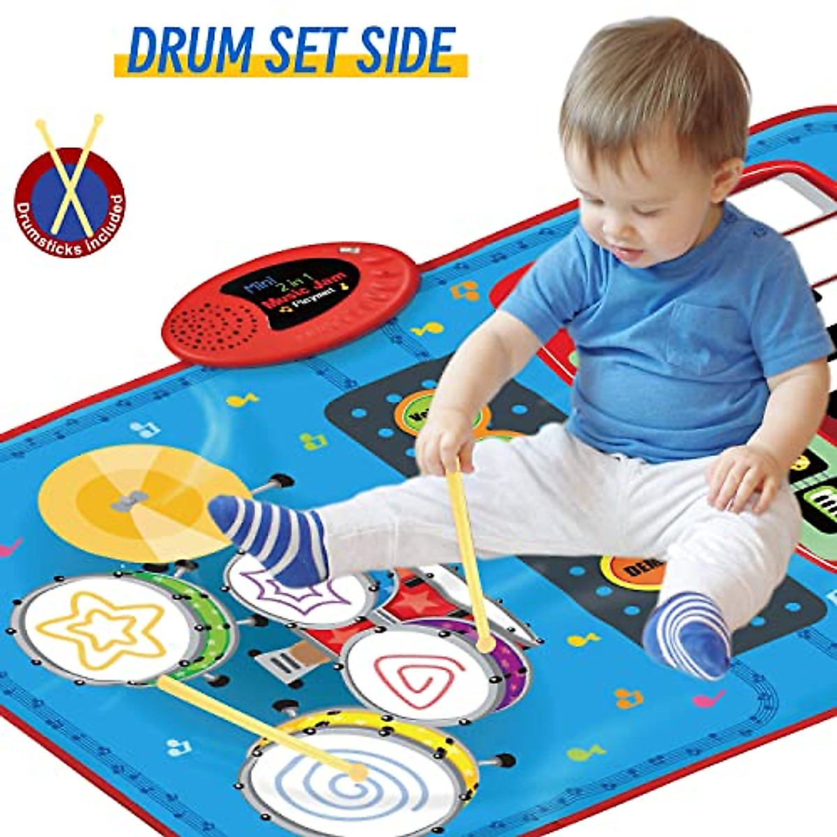 QShark 2 in 1 Music Learning Toys for Baby Toddler 1 2 3 Years Old Boys Girls | 13 Keys Piano Keyboard & 5 Drum Kits | Built-in Demo, 4 Instrument Sounds, Volume Control, Birthday Gift for 1+ Boy Girl