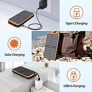 Solar-Charger-Power-Bank - Portable Charger,43800mAh Qc3.0 Fast Charging Qi 10W Wireless Portable Charger Built-in 2 Kinds Output Cable and 680Lumen Bright flashlights (Orange)