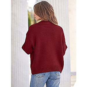 Caracilia V Neck Knit Sweater for Women Ribbed Hem Long Sleeve Pullover Loose Chunky Jumper Tops with Pocket C61A5-qianjiuhong-M Red Wine