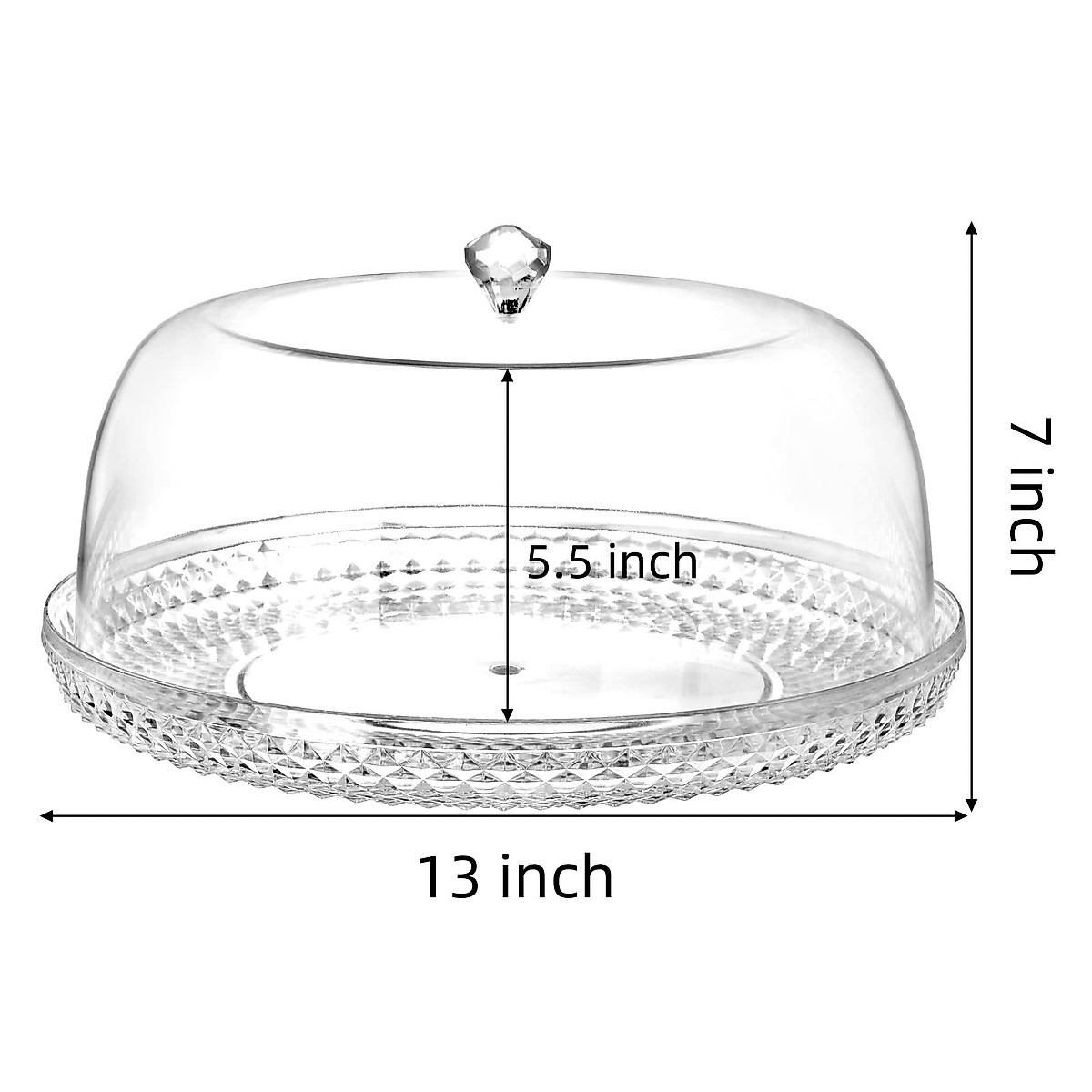 AVLA Acrylic Cake Plate with Dome, 13 Inch Cake Stand with Cover, Diamond Pattern Serving Platter with Lid for Display, Party, Entertaining, Diamond Shaped Handle