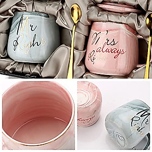 Mr Right Mrs Always Right Couple Coffee Mugs Cups - Bridal Shower Wedding Anniversary Valentine's Day Gift - Bride and Groom Newlyweds Married Couples Ceramic Marble Couple Cups Mugs Set (13.2 oz )