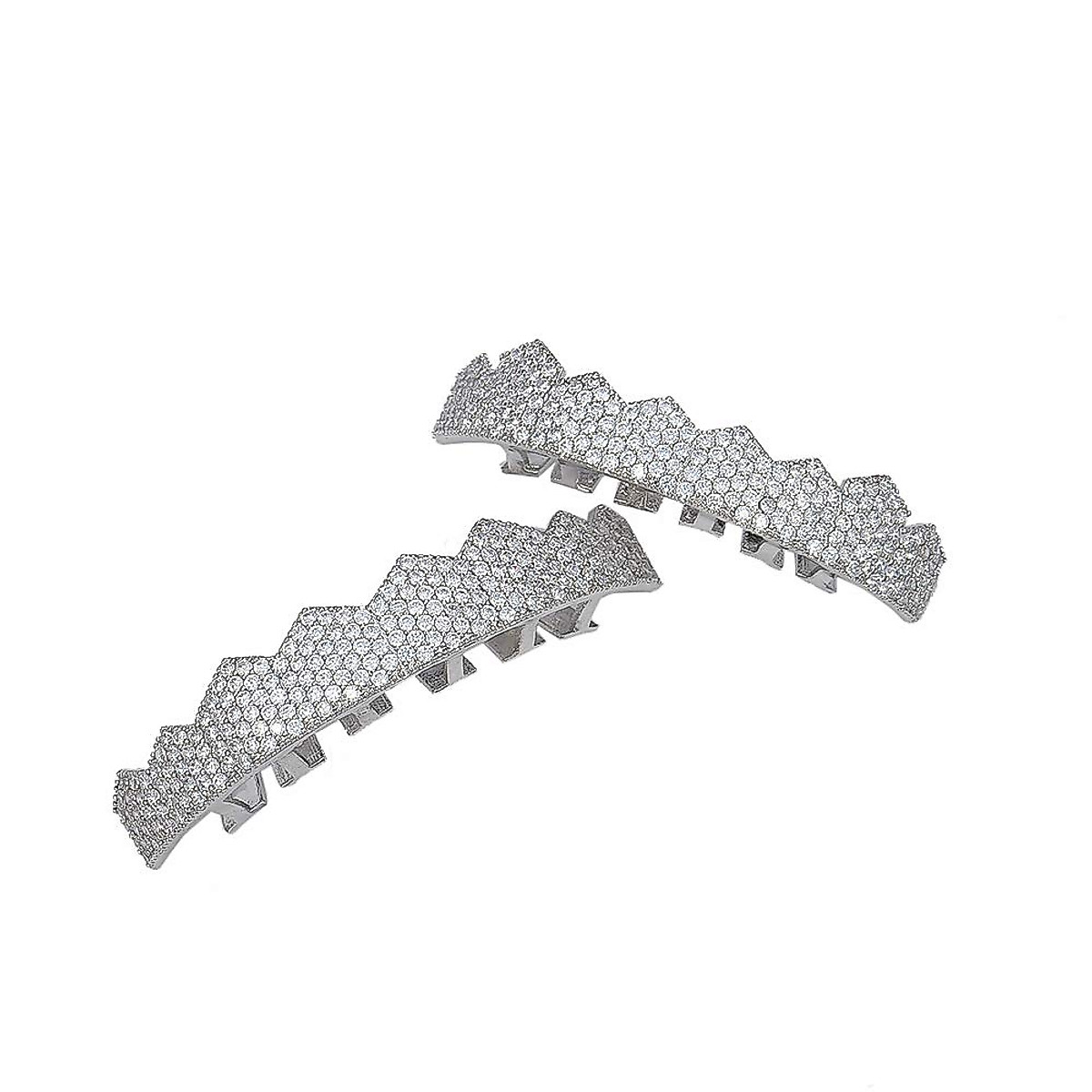 LKV Silver Grillz for Your Teeth 8 Top & 8 Bottom, Hip Hop Iced Out Diamond Grills for Men and Women, Rapper Costume Jewelry Mouth Teeth Grillz with Extra Molding Bars