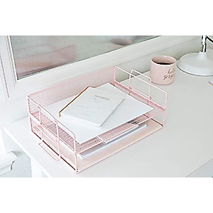 Blu Monaco Pink Desk Organizer Stackable Paper Tray Set of 2 - Metal Wire Two Tier Tray - Stackable Letter Tray - Inbox Tray for Desk