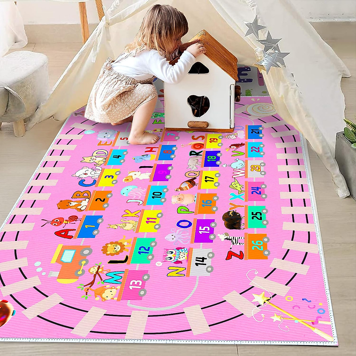 DoRlPIeY Kids ABC Pink Play Rug, Girl Alphabet Rugs with Numbers Animal Train and Road Shapes Learning Fun Educational Carpet, Playmat for Kid Bedroom Playroom 31x47 in Small Pattern