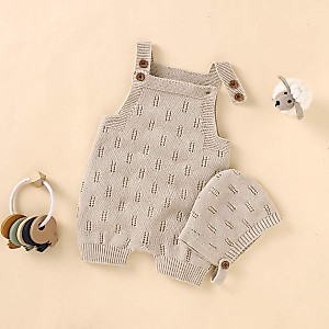 LAWKUL Baby Knit Romper Sleeveless 100% Cotton Jumpsuit with Hat Newborn Outfits Overall Bodysuit One Piece 2pcs Beige 0-6M
