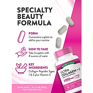 Nature's Truth Collagen Peptides | 90 Caplets | Type 1 and 3 with Vitamin C | Grass Fed, Non-GMO and Gluten Free Pill Supplement