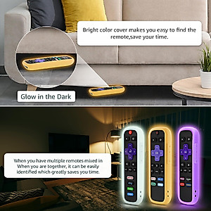 SOTATOO (3 Pack) Remote Cover for Roku, Remote Case Compatible with Roku Voice Remote Official, Silicone Universal Protective Controller Sleeve Glow in The Dark Purple Orange White with Lanyards