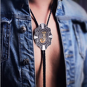 Moranse Golden Initial Letters in Flower Nursery Cowboy Bolo Tie with Cowhide Rope(J Silver,Silver Style)