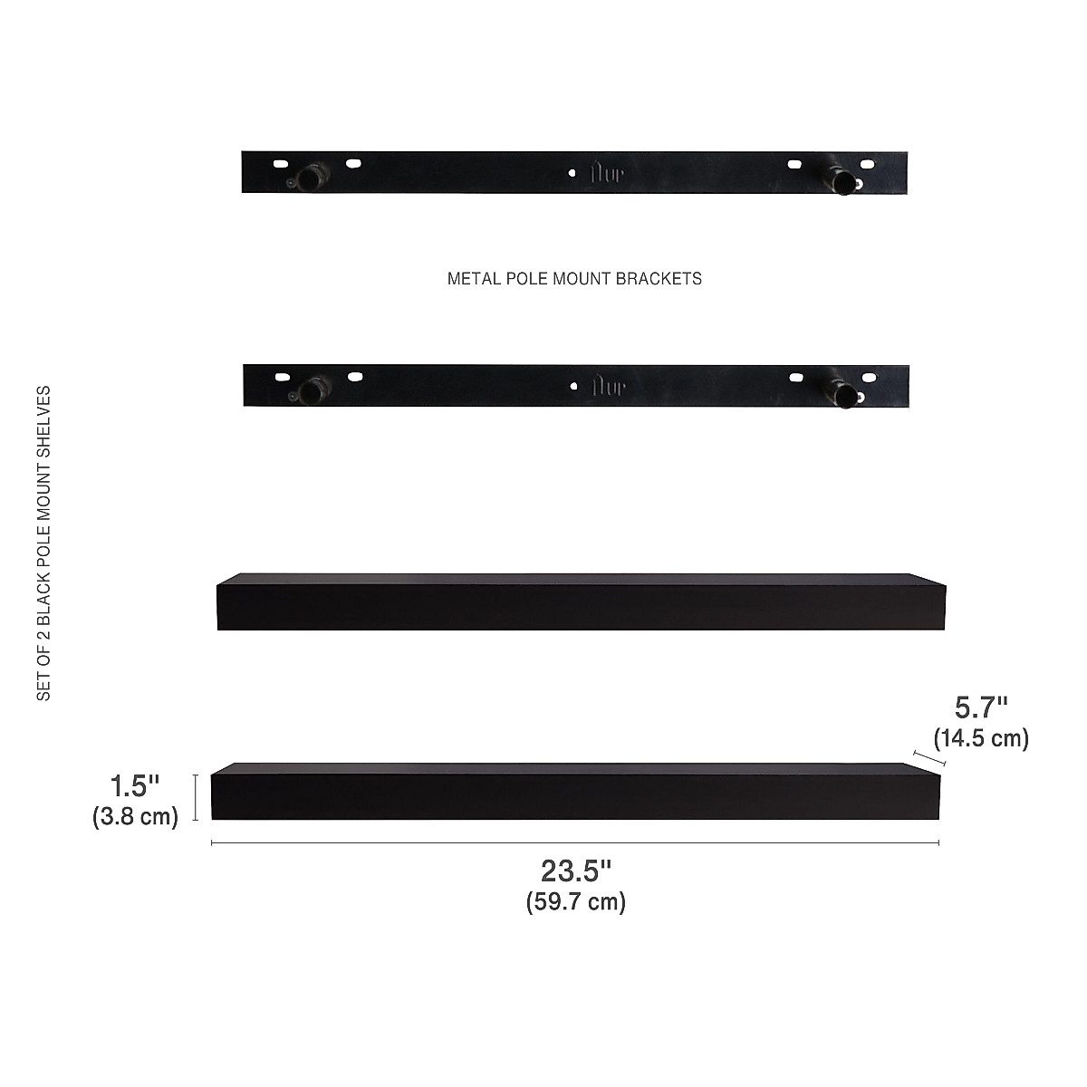 MELANNCO Black Pole Mount Chunky Shelves, Hardware and Instructions Included, Set of 2 23.6x5.7x1.5 Inch