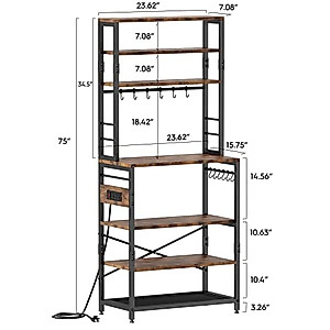 Monesti 7-Tier Kitchen Baker’s Rack with Power Outlet，Utility Storage Shelf Rack with 12 Hooks, Industrial Microwave Stand, Floor Standing Spice Rack Organizer Workstation(Rustic Brown).
