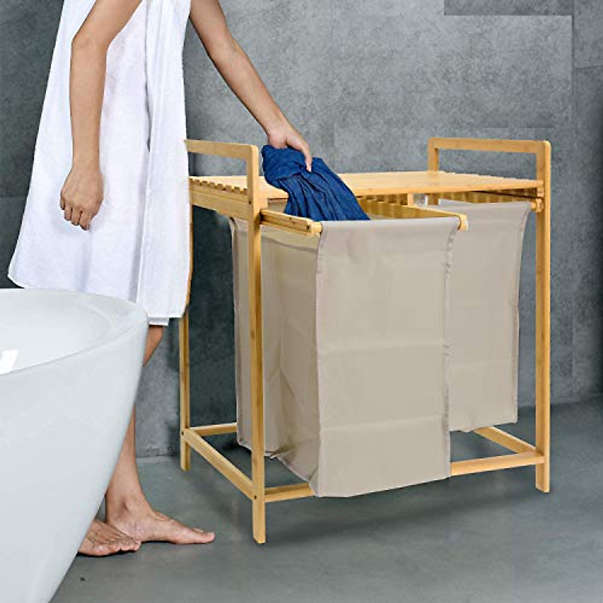 Baoz Bamboo Laundry Hamper with Shelf Freestanding Laundry Hamper 2 Section Dual Compartments Laundry Organizer with Removable Bags Space-Saving Laundry Organizer for Bathroom, Living Room, Bedroom