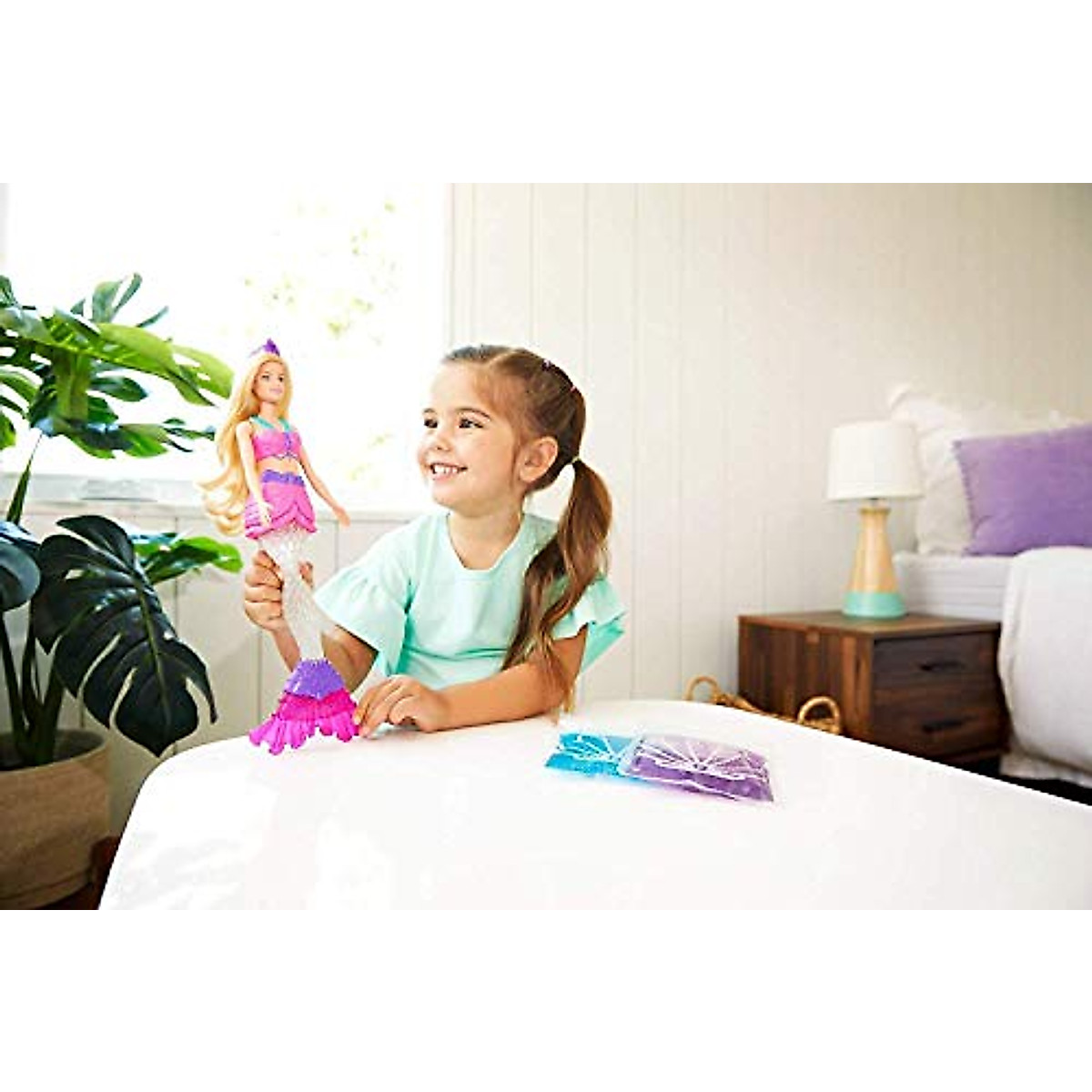 Barbie Dreamtopia Slime Mermaid Doll with 2 Slime Packets, Removable Tail and Tiara, Makes a Great Gift for 3 to 7 Year Olds, multi color (GKT75)