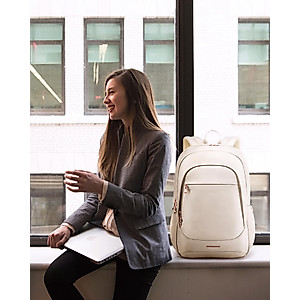 LIGHT FLIGHT Travel Laptop Backpack for Women, 15.6 Inch Anti Theft Backpack with USB Charging Hole, Water Resistant College Bookbag, Large Capacity Black Computer Backpacks for Work, Beige