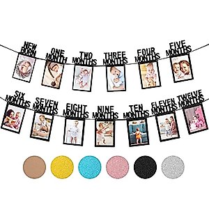 Whaline 1st Birthday Baby Photo Banner for Newborn to 12 Months, Monthly Milestone Photograph Bunting Garland, First Birthday Celebration Decoration (Black)